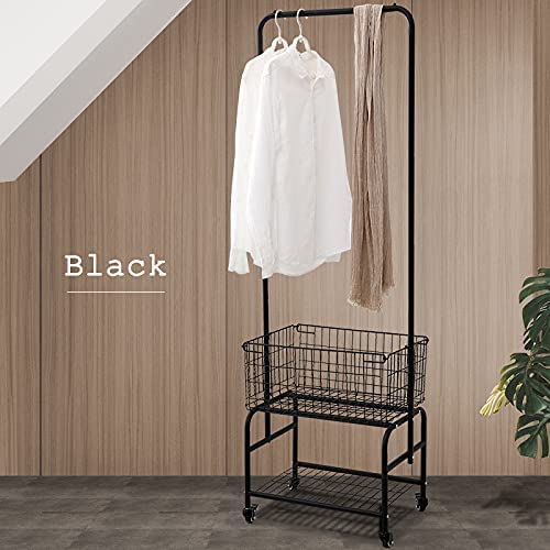 easy moved garment rack with basket for organize, laundry basket, black metal rack,