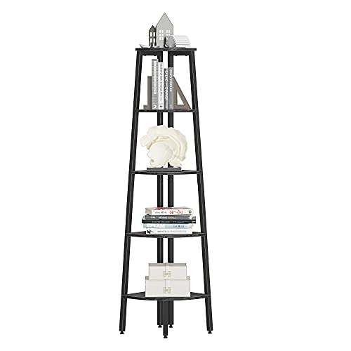 CubiCubi Corner Shelf Stand, Corner Shelves, Industrial Ladder Shelf for Small Space, Metal Corner Book Shelf with Two Hooks,Black Marble