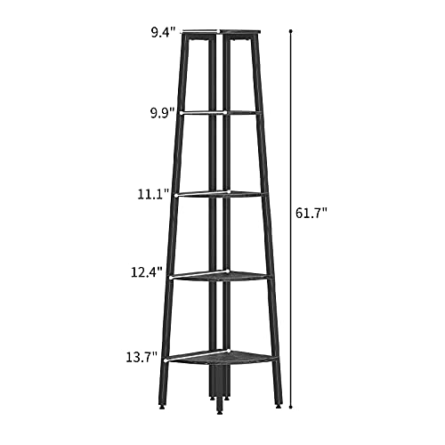 CubiCubi Corner Shelf Stand, Corner Shelves, Industrial Ladder Shelf for Small Space, Metal Corner Book Shelf with Two Hooks,Black Marble