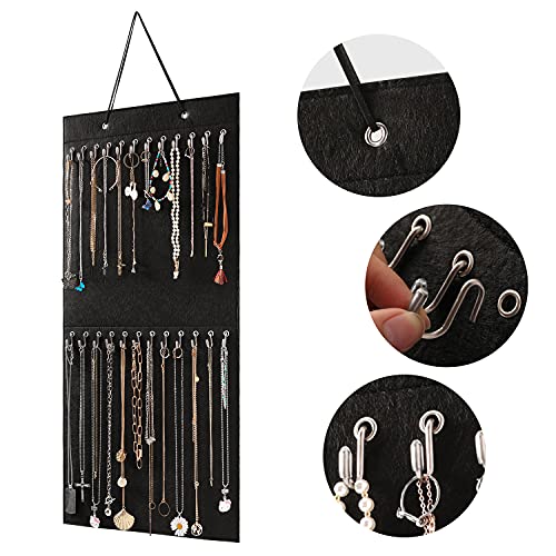 KGMCARE Hanging Jewelry Organizer Storage with 24 Hooks Wall Mounted Jewelry Display Hanging on Door Closet Necklace Holder for Bracelet Ring Chain-Patent Design (Black)