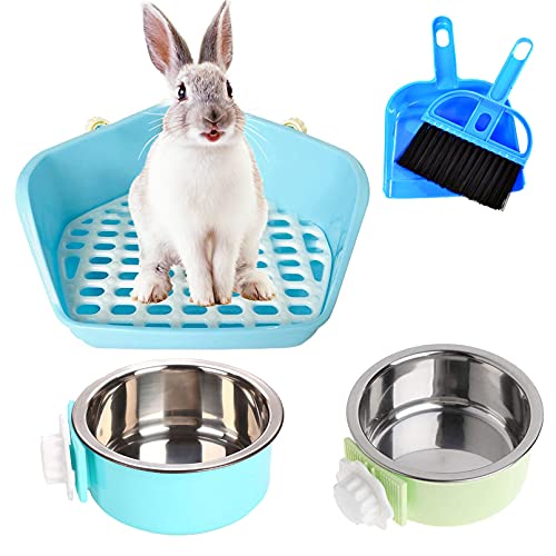 kathson Bunny Potty Trainer Corner Pan Rabbit Toilet Guinea Pig Litter Box with 2 Pack Pet Removable Hanging Crate Bowls for Small Animal