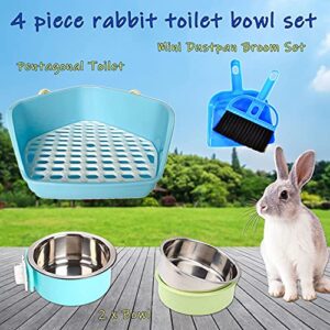 kathson Bunny Potty Trainer Corner Pan Rabbit Toilet Guinea Pig Litter Box with 2 Pack Pet Removable Hanging Crate Bowls for Small Animal