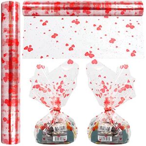 cellophane wrap roll hearts design | 100’ ft. long x 16” in. wide | 2.3 mil thick crystal clear with red hearts | gifts, baskets, treats, flowers, cello wrapping paper | hearts design cellophane for birthdays, holidays, graduations | by anapoliz