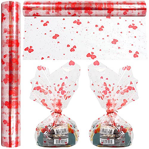 Cellophane Wrap Roll Hearts Design | 100’ Ft. Long X 16” in. Wide | 2.3 Mil Thick Crystal Clear with Red Hearts | Gifts, Baskets, Treats, Flowers, Cello Wrapping Paper | Hearts Design Cellophane for Birthdays, Holidays, Graduations | by Anapoliz