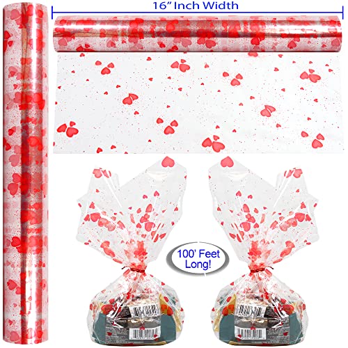 Cellophane Wrap Roll Hearts Design | 100’ Ft. Long X 16” in. Wide | 2.3 Mil Thick Crystal Clear with Red Hearts | Gifts, Baskets, Treats, Flowers, Cello Wrapping Paper | Hearts Design Cellophane for Birthdays, Holidays, Graduations | by Anapoliz