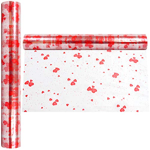 Cellophane Wrap Roll Hearts Design | 100’ Ft. Long X 16” in. Wide | 2.3 Mil Thick Crystal Clear with Red Hearts | Gifts, Baskets, Treats, Flowers, Cello Wrapping Paper | Hearts Design Cellophane for Birthdays, Holidays, Graduations | by Anapoliz