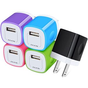 usb wall charger plug, fast charging block, ailkin 5pack 1a 1-port power adapter charging cube bricks box for iphone 14 13 12 mini pro max/11/xr/xs/x/8/7, ipad pro/air, cell phone usb a plug cargador