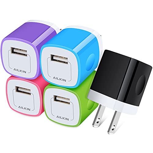 USB Wall Charger Plug, Fast Charging Block, AILKIN 5Pack 1A 1-Port Power Adapter Charging Cube Bricks Box for iPhone 14 13 12 Mini Pro Max/11/XR/XS/X/8/7, iPad Pro/Air, Cell Phone USB A Plug Cargador