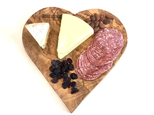 Orchard Hardwoods 12" Artisan Heart Shaped Olive Wood Cheese Board/Charcuterie Platter- For Cutting, Chopping, Serving-Thick Wooden Slab/Tray, Unique Kitchen/Valentines Day Gift (Large 12x12x0.8)