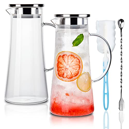 CREATIVELAND 1.4 Liter 47 Ounces High Borosilicate Glass Carafe/Pitcher Set of 2 with Stainless Steel Flip-top Lid,Hot/Cold Water Jug,Juice/Iced Tea,Wine,Coffee,Milk Beverage Carafe.(Set of 2/1.4L)