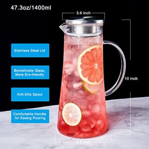 CREATIVELAND 1.4 Liter 47 Ounces High Borosilicate Glass Carafe/Pitcher Set of 2 with Stainless Steel Flip-top Lid,Hot/Cold Water Jug,Juice/Iced Tea,Wine,Coffee,Milk Beverage Carafe.(Set of 2/1.4L)