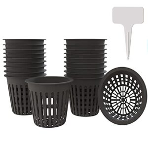 4 inch plastic net cups, pots plant containers, for hydroponics aquaponics orchids, 10 pcs black, with 20pcs garden tags.