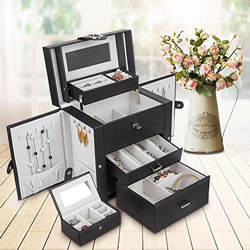 Kendal Jewelry Box for Women, Leather Jewelry Organizer with 2 Drawers and Mirror, Ideal Christmas Gifts for Girlfriend, Portable Mini Jewelry Case for Necklace, Ring, Jewelry LJC08BK