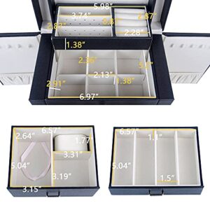 Kendal Jewelry Box for Women, Leather Jewelry Organizer with 2 Drawers and Mirror, Ideal Christmas Gifts for Girlfriend, Portable Mini Jewelry Case for Necklace, Ring, Jewelry LJC08BK