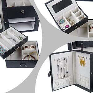 Kendal Jewelry Box for Women, Leather Jewelry Organizer with 2 Drawers and Mirror, Ideal Christmas Gifts for Girlfriend, Portable Mini Jewelry Case for Necklace, Ring, Jewelry LJC08BK