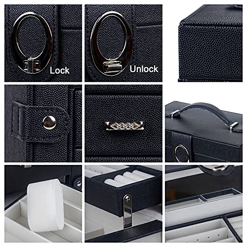 Kendal Jewelry Box for Women, Leather Jewelry Organizer with 2 Drawers and Mirror, Ideal Christmas Gifts for Girlfriend, Portable Mini Jewelry Case for Necklace, Ring, Jewelry LJC08BK