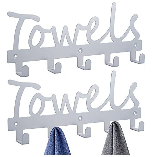 Towel Hooks Bath Towel Rack Holder & Organizer, Decorative Wall Mount 5 Hooks for Bathroom Kitchen Storage Pool Towels Robe Coat 2 Pack -Silver Grey