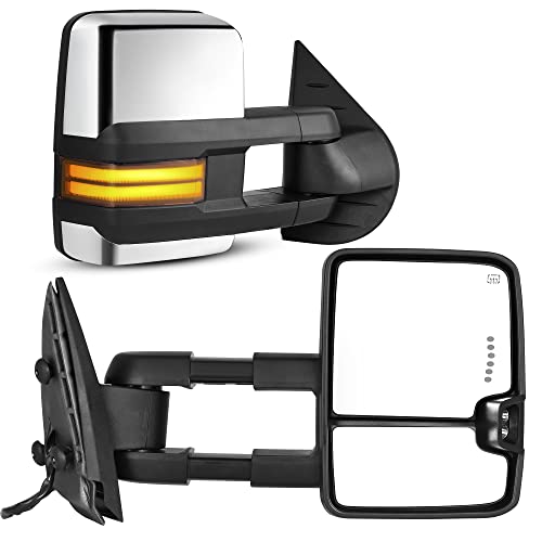 AUTOSAVER88 Towing Mirrors Compatible with 2007-2014 Chevy Silverado Tahoe Suburban, GMC Sierra Yukon, Switchback LED Tube Turn Signal Light Power Heated Telescoping Tow Mirrors Pair Set-Chrome