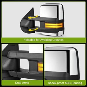 AUTOSAVER88 Towing Mirrors Compatible with 2007-2014 Chevy Silverado Tahoe Suburban, GMC Sierra Yukon, Switchback LED Tube Turn Signal Light Power Heated Telescoping Tow Mirrors Pair Set-Chrome