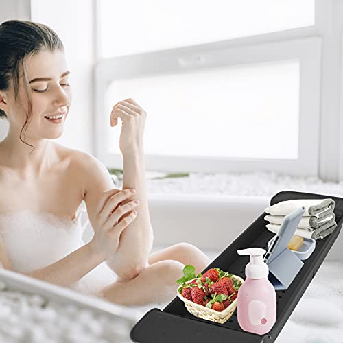 Expandable Drain Bath Shelf Caddy Tray, YOCOMEY Multifunctional Plastic Bathtub Tray Bathroom Organizer Simple Stylish Bathtub Storage Rack for Candle Towel, Book, Wine, Phone, Shower (Dark Gray)