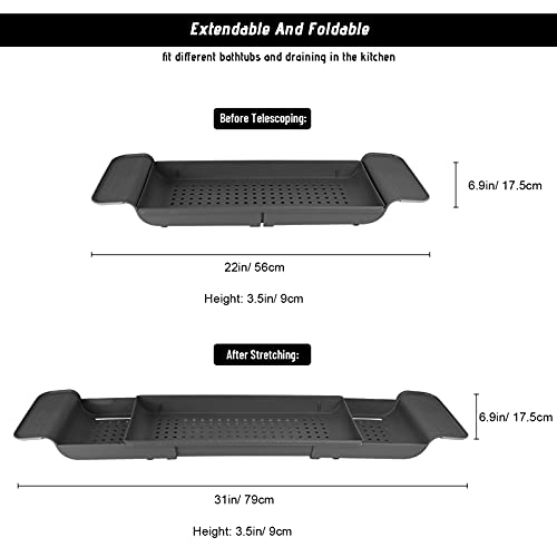 Expandable Drain Bath Shelf Caddy Tray, YOCOMEY Multifunctional Plastic Bathtub Tray Bathroom Organizer Simple Stylish Bathtub Storage Rack for Candle Towel, Book, Wine, Phone, Shower (Dark Gray)