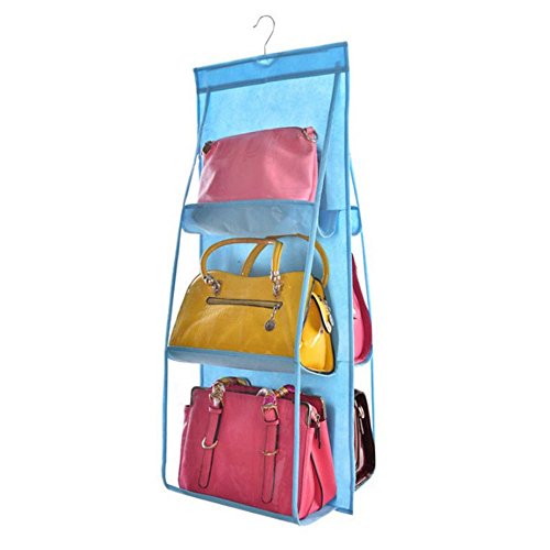 StrCloud 6 Pocket Hanging Handbag Organizer for Wardrobe Closet Transparent Storage Bag Door Wall Clear Sundry Shoe Bag with Hanger Pouch (Blue)