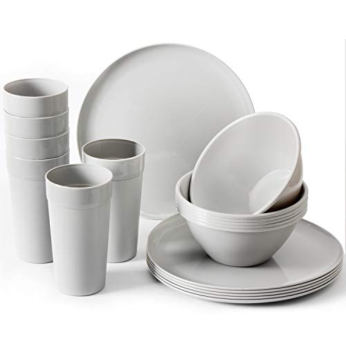 Youngever 18-Piece Plastic Kitchen Dinnerware Set, Plates, Dishes, Bowls, Cups, Service for 6 (Grey)