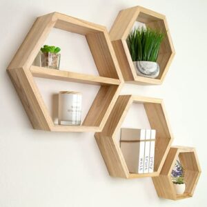 extra large hexagon floating shelves - set of 4 - honeycomb shelves octagon shelves wall hanging shelves honeycomb decor - wooden honey comb hexagon shelf for wall - geometric hexagonal natural wood