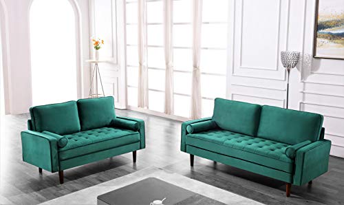 Container Furniture Direct Womble Modern Velvet Upholstered Living Room Diamond Tufted Chesterfield Loveseat with Gleaming Nailheads, Pine Green