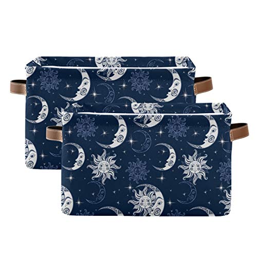 susiyo Large Foldable Storage Bin Magical Sun Moon Stars Fabric Storage Baskets Collapsible Decorative Baskets Organizing Basket Bin with PU Handles for Shelves Home Closet Bedroom Living Room-1Pack