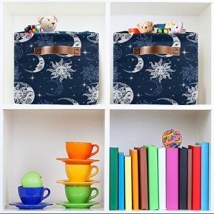 susiyo Large Foldable Storage Bin Magical Sun Moon Stars Fabric Storage Baskets Collapsible Decorative Baskets Organizing Basket Bin with PU Handles for Shelves Home Closet Bedroom Living Room-1Pack