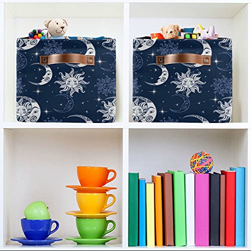 susiyo Large Foldable Storage Bin Magical Sun Moon Stars Fabric Storage Baskets Collapsible Decorative Baskets Organizing Basket Bin with PU Handles for Shelves Home Closet Bedroom Living Room-1Pack