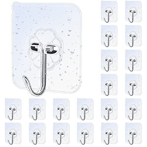 Adhesive Wall Hooks,20 Pieces Waterproof Oilproof Bathroom and Kitchen Heavy Duty Adhesive Hooks, Transparent Practical Wall Hook Coat Hooks, Ceiling Hooks for Hanging Plants 33 Pounds (Max)