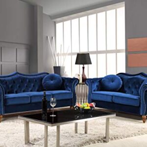 Container Furniture Direct Anna1 Velvet Upholstered Classic Nailhead Chesterfield Living Room, Sofa & Loveseat, Blue Mist