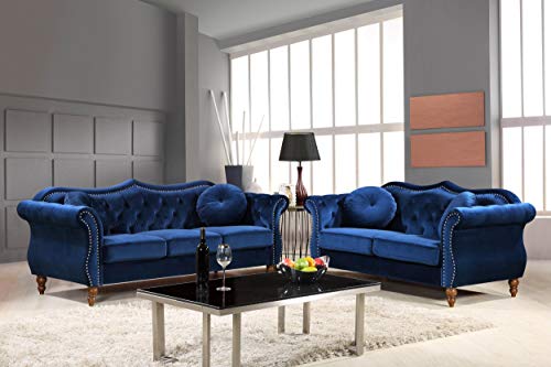 Container Furniture Direct Anna1 Velvet Upholstered Classic Nailhead Chesterfield Living Room, Sofa & Loveseat, Blue Mist