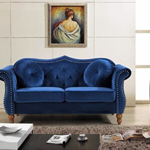 Container Furniture Direct Anna1 Velvet Upholstered Classic Nailhead Chesterfield Living Room, Sofa & Loveseat, Blue Mist