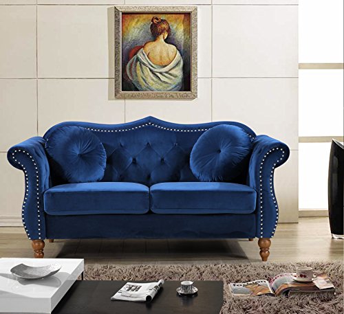 Container Furniture Direct Anna1 Velvet Upholstered Classic Nailhead Chesterfield Living Room, Sofa & Loveseat, Blue Mist