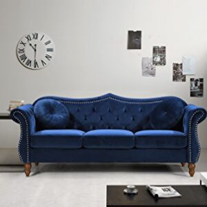 Container Furniture Direct Anna1 Velvet Upholstered Classic Nailhead Chesterfield Living Room, Sofa & Loveseat, Blue Mist