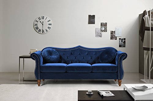 Container Furniture Direct Anna1 Velvet Upholstered Classic Nailhead Chesterfield Living Room, Sofa & Loveseat, Blue Mist