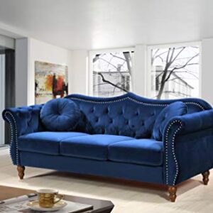 Container Furniture Direct Anna1 Velvet Upholstered Classic Nailhead Chesterfield Living Room, Sofa & Loveseat, Blue Mist