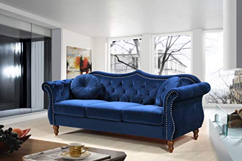 Container Furniture Direct Anna1 Velvet Upholstered Classic Nailhead Chesterfield Living Room, Sofa & Loveseat, Blue Mist