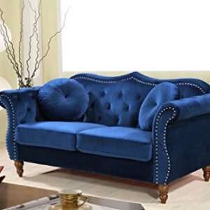 Container Furniture Direct Anna1 Velvet Upholstered Classic Nailhead Chesterfield Living Room, Sofa & Loveseat, Blue Mist