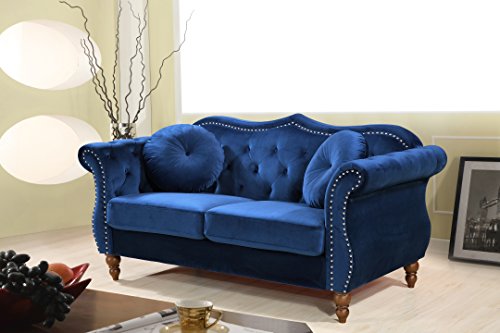 Container Furniture Direct Anna1 Velvet Upholstered Classic Nailhead Chesterfield Living Room, Sofa & Loveseat, Blue Mist