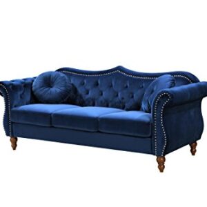 Container Furniture Direct Anna1 Velvet Upholstered Classic Nailhead Chesterfield Living Room, Sofa & Loveseat, Blue Mist