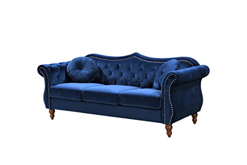 Container Furniture Direct Anna1 Velvet Upholstered Classic Nailhead Chesterfield Living Room, Sofa & Loveseat, Blue Mist