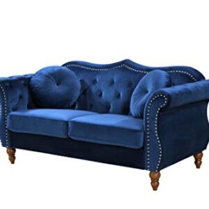 Container Furniture Direct Anna1 Velvet Upholstered Classic Nailhead Chesterfield Living Room, Sofa & Loveseat, Blue Mist