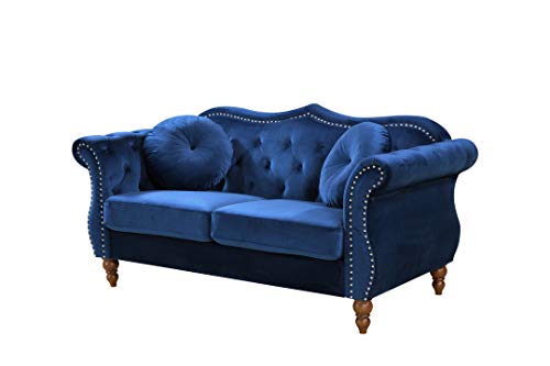 Container Furniture Direct Anna1 Velvet Upholstered Classic Nailhead Chesterfield Living Room, Sofa & Loveseat, Blue Mist