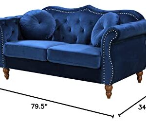 Container Furniture Direct Anna1 Velvet Upholstered Classic Nailhead Chesterfield Living Room, Sofa & Loveseat, Blue Mist