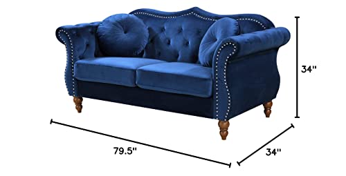 Container Furniture Direct Anna1 Velvet Upholstered Classic Nailhead Chesterfield Living Room, Sofa & Loveseat, Blue Mist