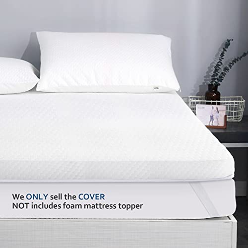 Mattress Topper Cover (Cover Only) Twin Size, 3-4 Inch Zippered Cooling Bamboo Cover for Latex Mattress Topper, Removable Memory Foam Mattress Topper Cover with Straps